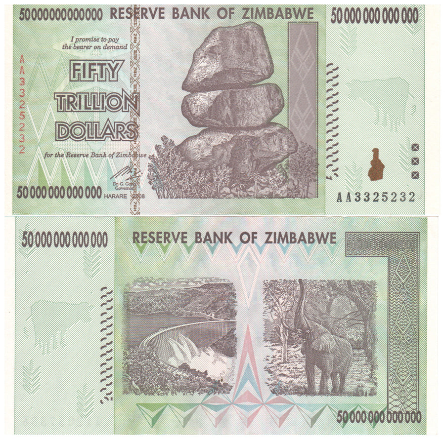 50 Trillion Zimbabwe Dollars Banknote AA 2008